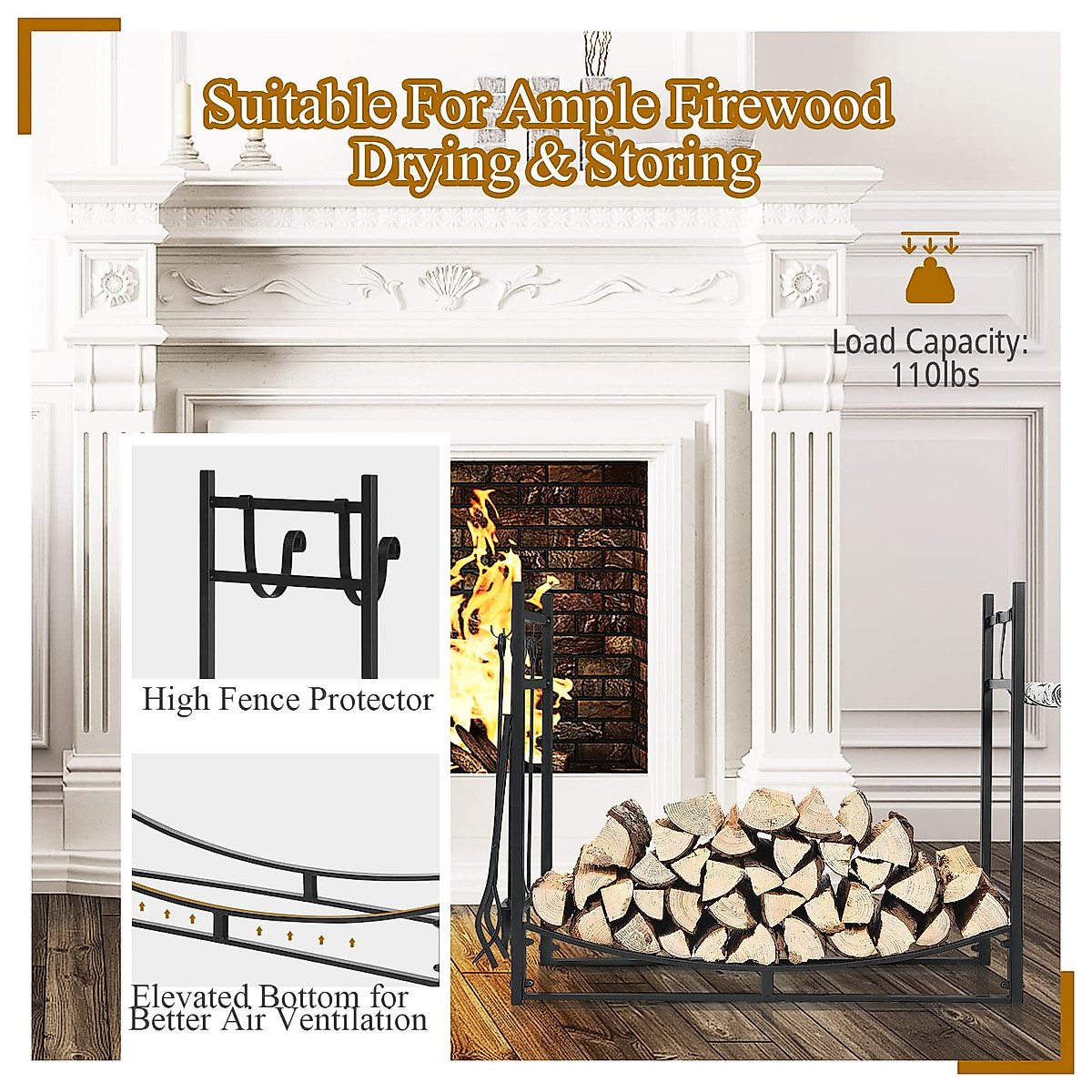 Goplus Firewood Rack with Tool Set, 36” Fireplace Log Holder W/Kindling Holders, Shovel, Poker, Tongs, Brush, Indoor & Outdoor Wood Stacker Lumbar Storage Organizer for Wood Stove, Fireside, Fire Pit