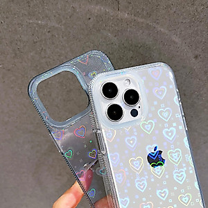 SmoBea Compatible with iPhone 14 Pro Max Case (No Fit iPhone 14 Plus), Holographic Laser Bling Heart Soft & Flexible TPU and Hard PC Shockproof Cover Women Girls Phone Case (Heart/Clear)