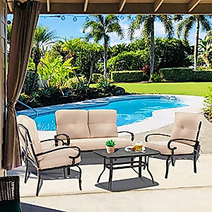 Crownland 4 Pieces Outdoor Furniture Patio Conversation Set (Loveseat, 2 Patio Dining Chairs, Coffee Table), Metal Frame is Suitable for Garden Yard Balcony (Brown)