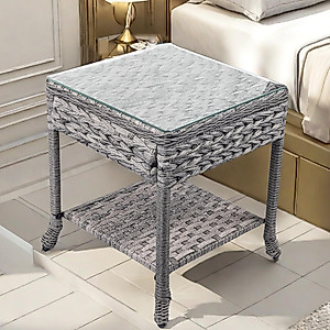 Generic Wicker Patio Side Table with Top - Multipurpose Outdoor End Table for Balcony, Porch, and Backyard Settings with 2-Tier Storage Shelf (Glass Top), Grey, BZ001
