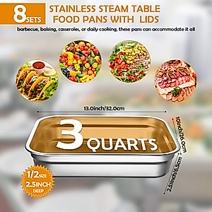 Suttmin 8 Pcs Stainless Steel Food Storage Containers with Lids Hotel Pans Chicken Food Grade Pans Metal Meal Food Containers for Restaurant Stackable Kitchen Freezer Buffet(2.6 Inch Deep)