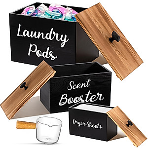 Dandat 3 Pcs Dryer Sheet Holder Laundry Pod Holder Scent Booster Container Set with Scoop Rustic Wood Dryer Sheet Container Laundry Pods Container Laundry Beads Dispenser for Storage (Black)