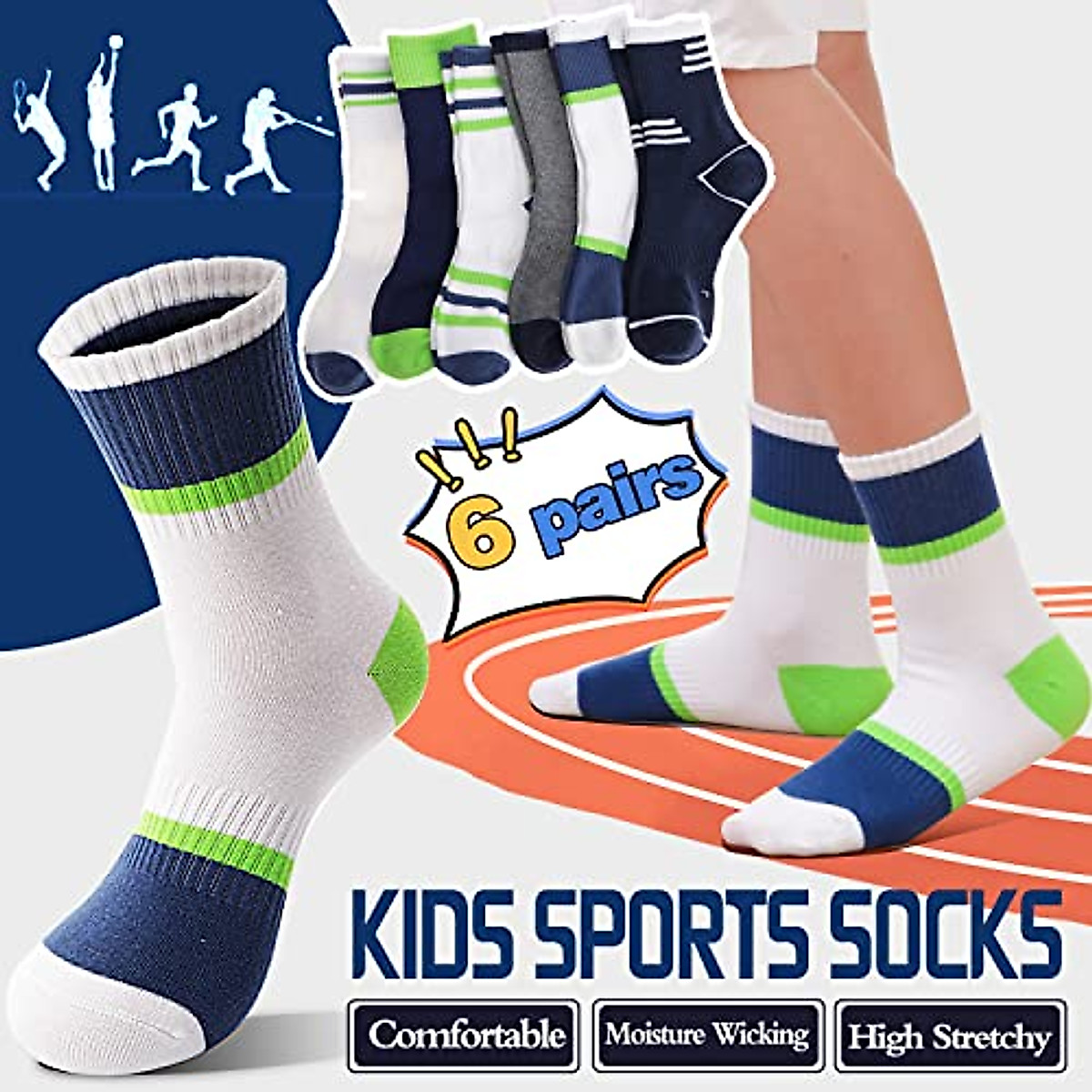Welwoos Kids Boys Socks Athletic Sport Crew Cotton Breathable Soft Gift Socks 6 Pairs Stocking Stuffers (Splice/Green/White,9-15Y)