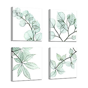 ARTISTIC PATH Natural Leaf Artwork Floral Pictures: Twig Graphic Art Print on Canvas for Bathroom Wall (12" W x 12" H x 4 PCS, Multi-Sized)