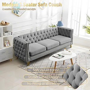 Velvet 3 Seater Sofa Couch, Comfy Couches for Living Room, Modern Sofa with Tufted Back and Rivet Decoration, Upholstered Long Couch with Solid Golden Metal Tapered Legs, Grey