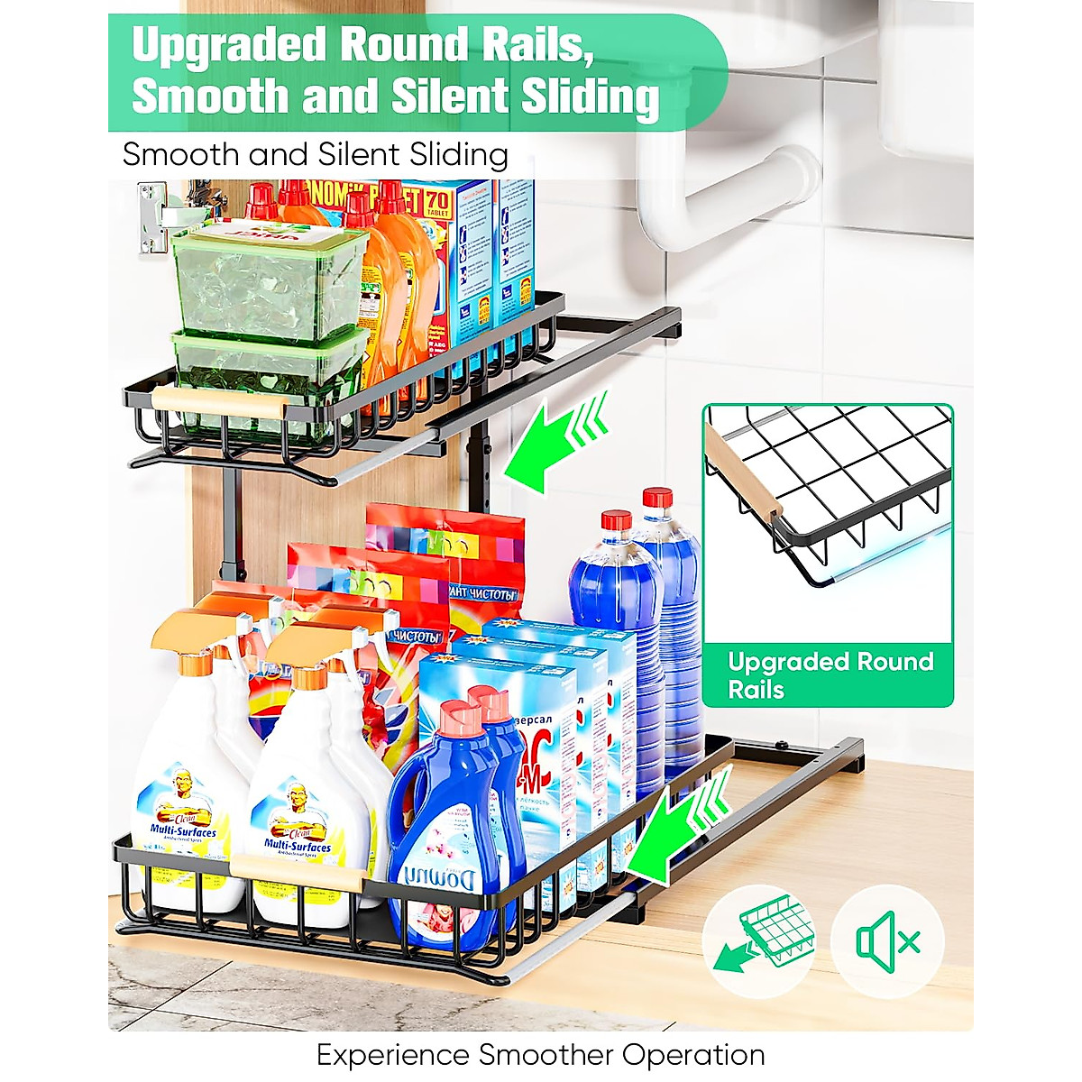 MapeloreCrafted Upgraded Metal Adjustable Under Sink Organizer, Height Adjustable 2-Tier Pull-Out Cabinet Storage Rack, Slide-Out Drawers for Kitchen, Bathroom, Pantry Organization, 2 Pack