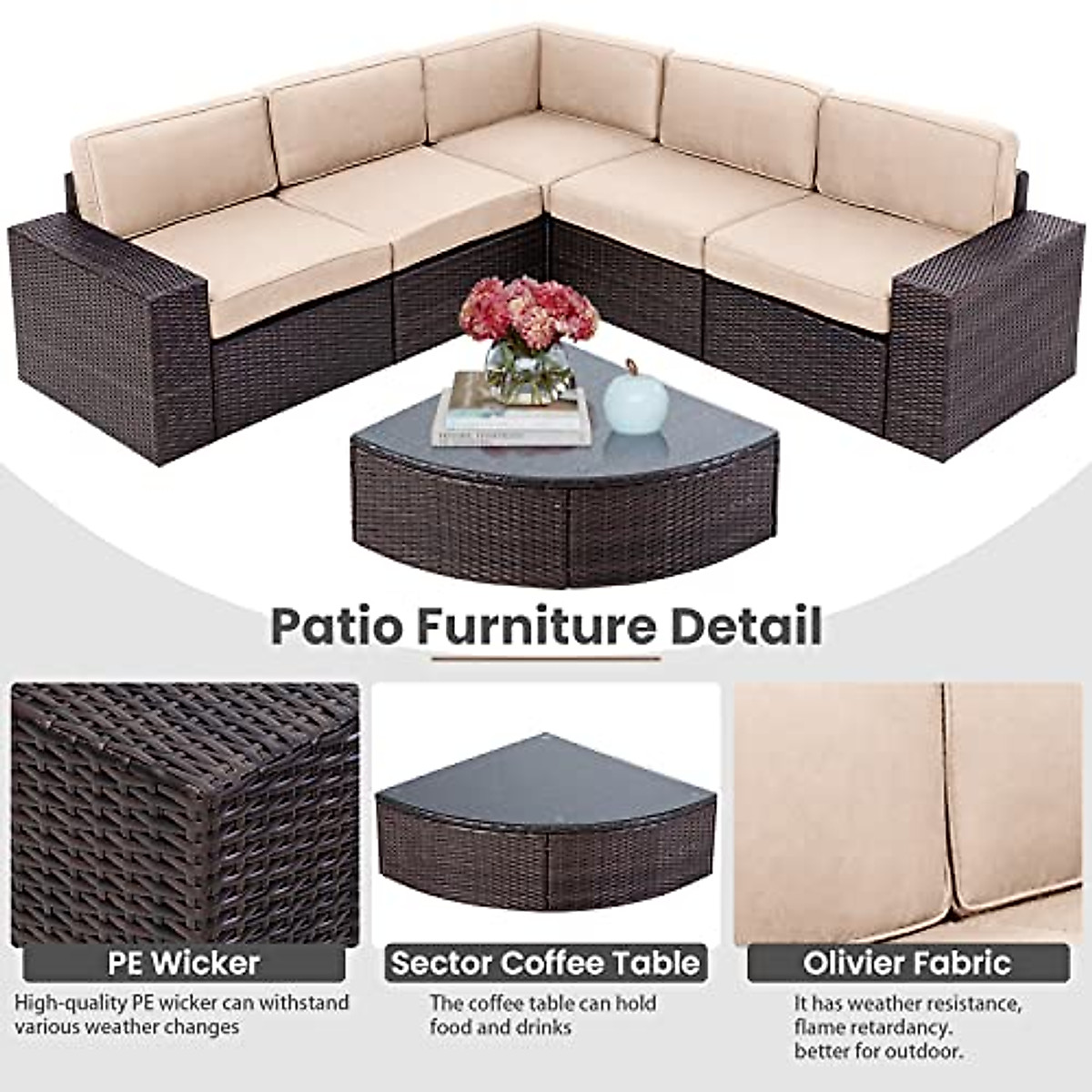 Incbruce 6-Piece Outdoor Patio Furniture Sofa Set, All-Weather Wicker Sectional Couch, Patio Garden Conversation Sets with Glass Wedge Coffee Table and Washable Cushions (Light Brown)