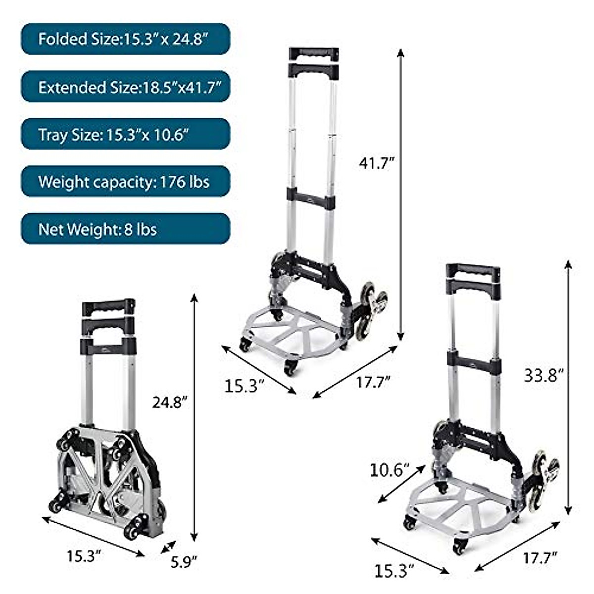 LEADALLWAY Stair Climbing Cart Aluminum Alloy Portable Climbing Cart 6 Crystal Wheels and 4 Universal Wheels Hand Cart with Climbing Rope