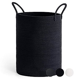 Goodpick Black Woven Rope Laundry Basket, Tall Modern Laundry Hamper for Clothes, Blankets, Toys, Towels, Pillows, Laundry Bin for Living Room, Bedroom, Entryway, 15 x 20 inches, 58L