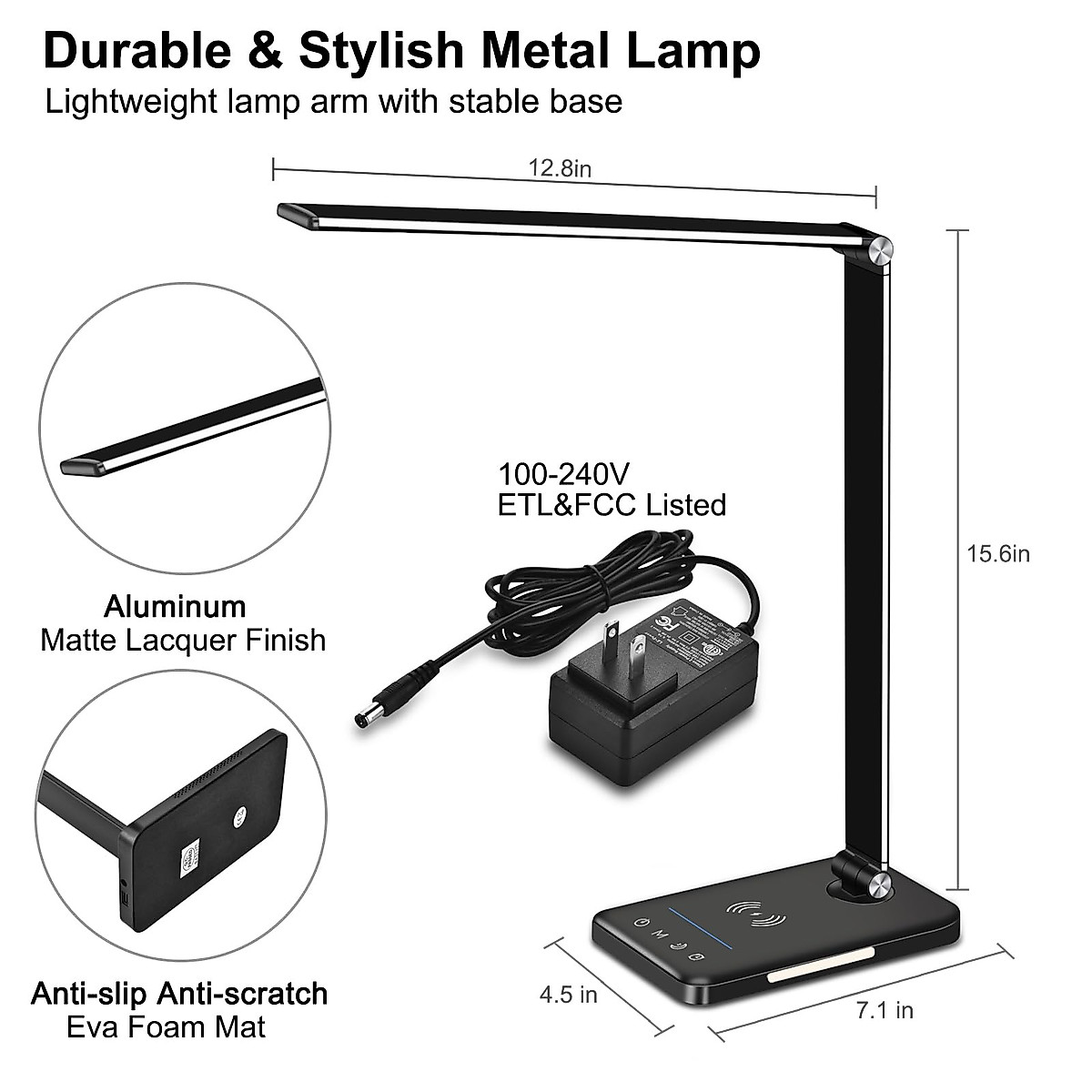 AFROG Multifunctional LED Desk Lamp with 10W Fast Wireless Charger, USB Charging Port, 5 Lighting Modes,7 Brightness Levels, 40 min Timer, Night Light Function,Eye-Caring Office Lamp, 5000K,8W,Black