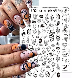 8 Sheets Black Snake Nail Art Stickers 3D Skull Gothic Nail Decals Designer Nail Stickers Nail Art Supplies Horror Goth Punk Ghost Face Nail Stickers Designs for Acrylic Nails Decorations Charms
