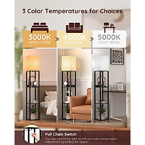 PAZZO Floor Lamp with Shelves, Shelf Floor Lamps by Real Solid Wood with 2 Charging Ports and 1 Power Outlet, Floor Lamps for Bedrooms, Lamps for Living Room, Matt Black