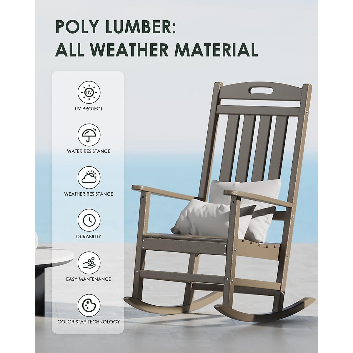 Adiromoti Outdoor Rocking Chair Set of 2, All-Weather Resistant Poly Lumber Rocker Chair Outdoor, High Back Plastic Patio Rocking Chairs for Outside Porch Rocker Garden Lawn, Weather Wood
