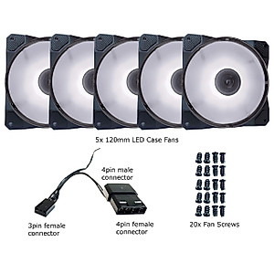 Apevia CO512L-WH Cosmos 120mm White LED Ultra Silent Case Fan w/ 16 LEDs & Anti-Vibration Rubber Pads (5 Pk)