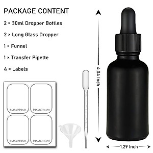 Bumobum Dropper Bottle Black 1 oz, 30 ml Glass Dropper Bottles with Black Top Cap for Essential Oils, 2 pack Tincture Bottle with Labels and Funnel