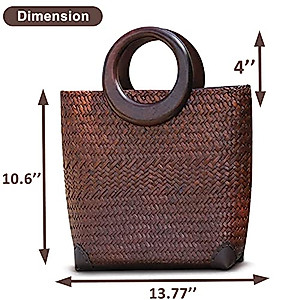 QTKJ Hand-woven Womens Straw Large Boho Handbag Bag for Women, Summer Beach Rattan Tote Travel Bag with Wood Round Top Handle (Brown)