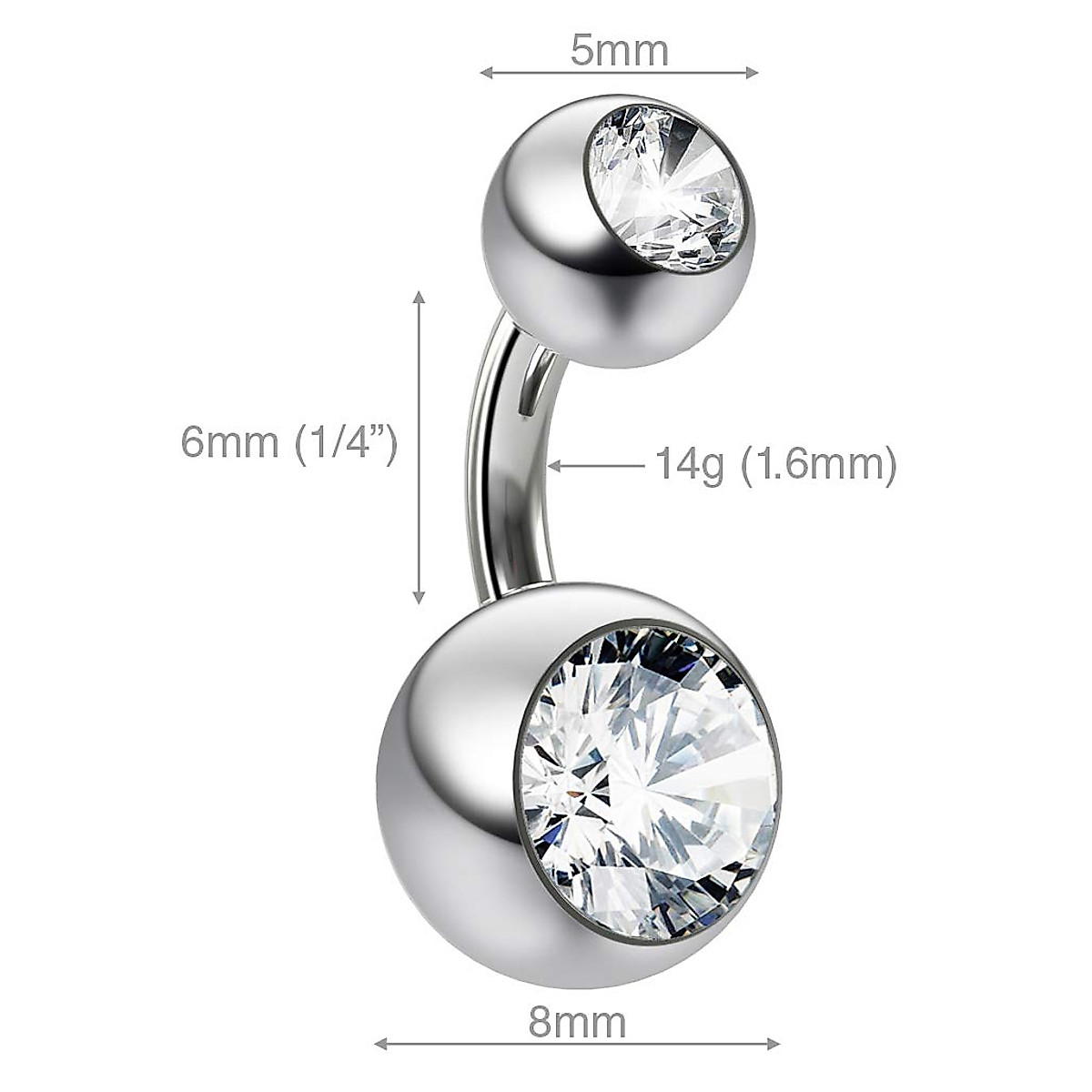 2pc 14g Crystal Cubic Zirconia Gem Double Belly Button Ring Navel 6mm Shallow Piercings