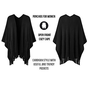 Ferand Women's Shawl Wraps with Pockets Open Front Fringe Poncho Cozy Knit Lightweight Cardigan Sweater,Black