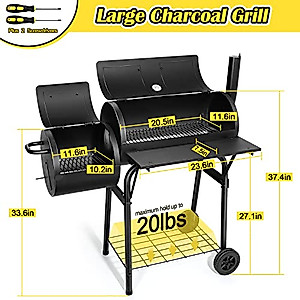 Barrel Charcoal Grill with Offset Smoker, HaSteeL Outdoor BBQ Grill Set of 15, Large Camping Grill for Patio Backyard Garden Smoking Barbecue, Grill Cover, Spatula, Tong, Brush, Fork, Carrying Bag