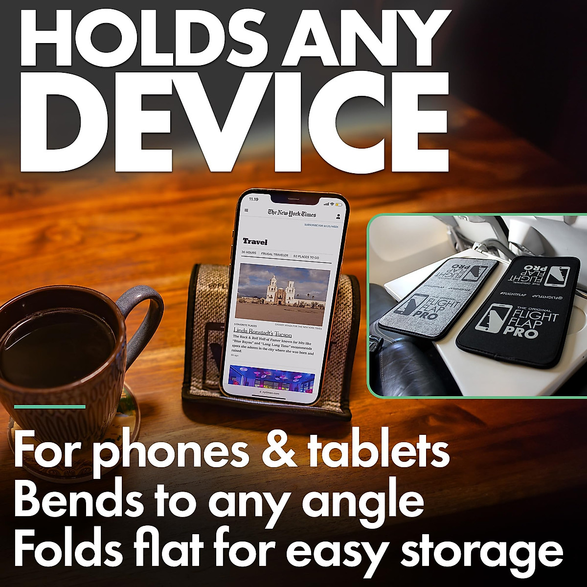 Flight Flap Airplane Phone Holder, Flexible Tablet and Cell Phone Holder, Folding Cellphone Stand for Desk, Bed, Office, Treadmill - Airplane Accessories Long Flight Travel - Plane Essentials (Pro)