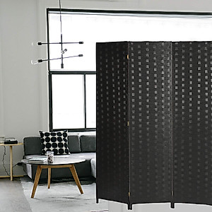 Folding Room Screen Divider Hand-Woven Design Room Divider 6ft High Fiber Free-Standing Privacy Screen Suitable for Living Room and Study (Black, 4 Panels)