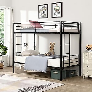 Anwickmak Twin Over Twin Bunk Bed with Ladder and Full-Length Guardrail, Metal Frame Bunk Bed for Kids/Teens/Adults, No Box Spring Needed (Black)