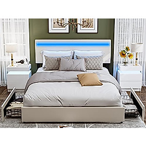 IKIFLY LED Bed Frame with 4 Storage Drawers, Upholstered Queen Size Storage Bed with Adjustable Headboard & LED Lights, Mattress Foundation, No Box Spring Needed, Easy Assembly - White/Queen