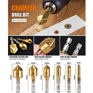 35 Pack Woodworking Chamfer Drilling Tools, 7pcs Countersink Drill Bit Set, 3pcs High Speed Steel Step Drill Bits, 6pcs Chamfer Drill Bit, 8pcs Wood Plug Cutter, 1 Automatic Center Punch for Wood, Met