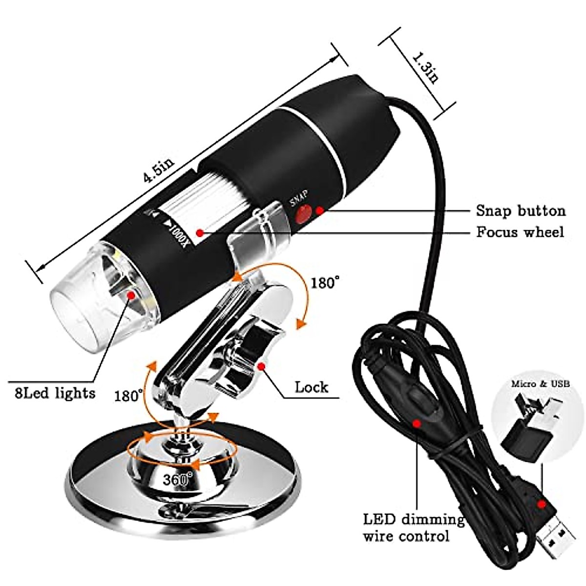 USB Microscope, 40X-1000X Digital Microscope 3 in 1 PCB Microscope Camera Magnification Endoscope Camera Portable Microscope, Metal Stand for Windows 7/8/10, Mac, Android with OTG, Linux