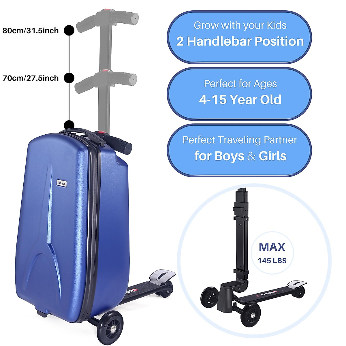 iubest Scooter Luggage Carry On Scooter Suitcase for Kids Age 4-15, Detachable & Foldable 4 in 1 Kids Suitcase, Multifunctional Ride On Travel Trolley Scooter Combo-Blue