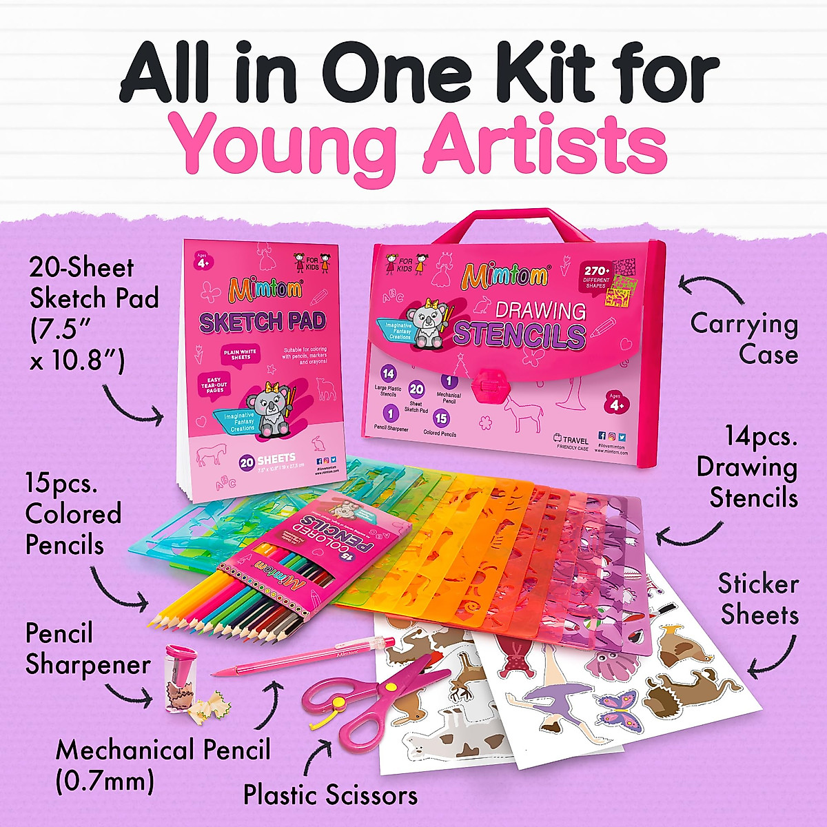 Mimtom Drawing Stencil Kit for Kids, 51 PC Art Set with 270+ Shapes, Sketch Pad, and Colored Pencils for Child's DIY Arts and Crafts, Draw with Princess, Fairies and Animal Stencils, Pink