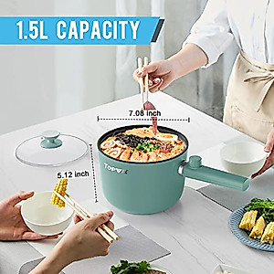 Topwit Electric Hot Pot, 1.5L Ramen Cooker, Portable Non-Stick Frying Pan, Electric Pot for Pasta, Steak, BPA Free, Electric Cooker with Dual Power Control, Over-Heating & Boil Dry Protection, Green