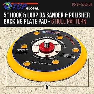 TCP Global 5" DA Sander & Polisher Backing Plate Pad, Hook & Loop, 6 Hole Pattern Dustless - Dual-Action Random Orbital Sanding Pad - Low Profile Edge, Medium Density - for Auto Woodworking Sandpaper