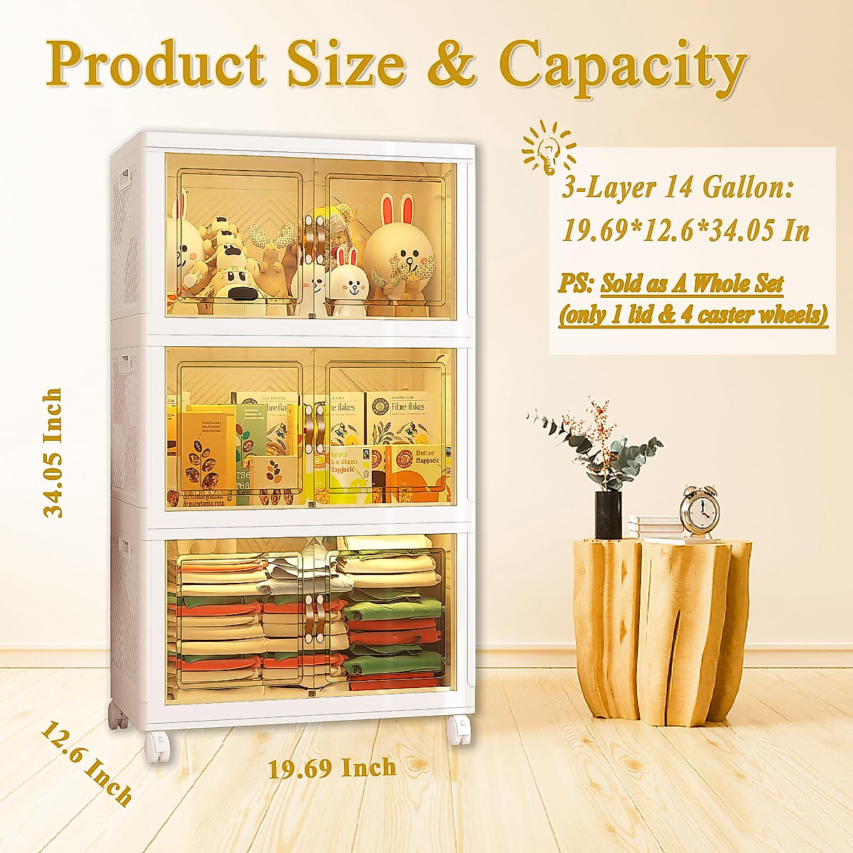 Jacriah Plastic Drawer Storage Bins with Lid, Stackable Storage Bins Open Front, Closet Organizers and Storage Cabinet with Doors and Shelves, Collapsible Storage Bins with Wheels (3 Layer-14 Gallon)