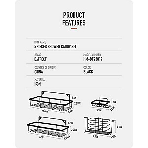 Baffect Shower Caddy, 5-Pack Non-marking Self Adhesive Shower Shelves, Black Bathroom Shower Caddy Shelf with Hooks Bathroom Essentials