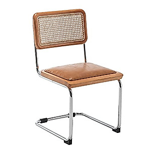 Alunaune Mid Century Modern Dining Chairs Set of 2, Upholstered Natural Rattan Kitchen Accent Chairs, Armless Side Chair with Metal Chrome Legs for Bedroom Living Room-Brown with PU Seat