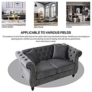ATUMON 59" Chesterfield Loveseat Velvet Sofa for Living Room,2-Seater Sofa Tufted Couch with Two Pillows,Rolled Arms and Nailhead for Living Room, Bedroom, Office Grey