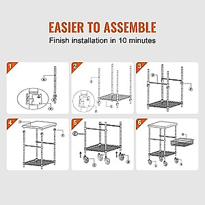VEVOR Kitchen Utility Cart, 20"x24"x36.6" 3 Tiers Wire Rolling Cart, 470LBS Capacity Steel Service Cart with Brake Wheels, Storage Trolley with 76mm Basket PP Liner 6 Hooks, for Indoor & Outdoor Use