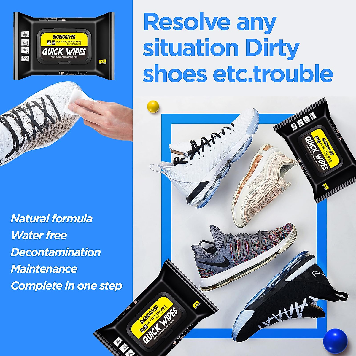 BIGBIGRIVER Shoe wipes 2 Pack 60 Pcs Sneaker Wipes Cleaner Quick Wipes Travel Portable Removes Dirt, Stains