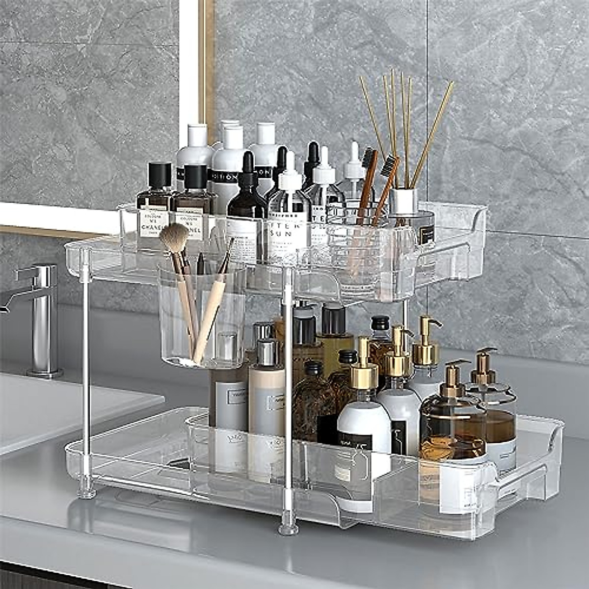 Mezdbrud Bathroom Organizer, Bathroom Counter Organizer 2 Tiers Clear Under the Sink Organizer Kitchen Organizers Storage Pull Out Cabinet Organizer Makeup Organizer for Vanity Perfume Tray (2 Tiers)