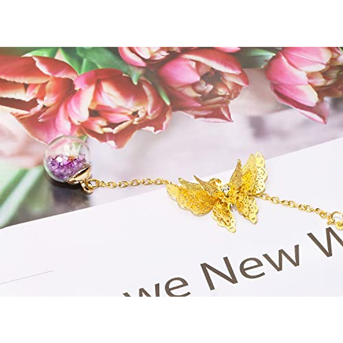 Penta Angel Metal Leaf Bookmark with 3D Butterfly Pendant Birthday Garduation Christmas Appreciation Gift Set for Teachers Students Book Lovers Readers (Gold, Purple White Flower)