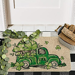 Artoid Mode Loads of Luck Clover Shamrock Truck Decorative Doormat, Seasonal Spring St. Patrick's Day Holiday Low-Profile Floor Mat Switch Mat for Indoor Outdoor 17 x 29 Inch