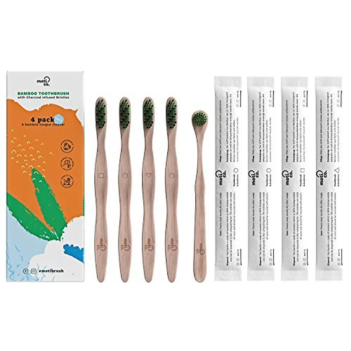 MOTI CO. Bamboo Toothbrushes 4 Pack - Tongue Cleaner Gift Inside - Soft Charcoal Bristles - Eco-Friendly and Biodegradable - Healthier Teeth and Planet