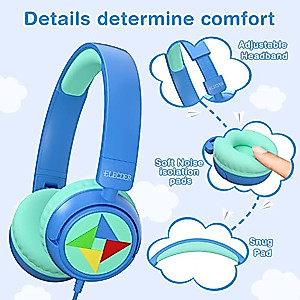 ELECDER i43 Kids Headphones with Microphone 85dB 94dB Volume Limited 3.5mm Jack Foldable Adjustable Wired On Ear Headphones for Children Girls Boys Teens Cellphones PC Kindle School Tablet Blue/Green