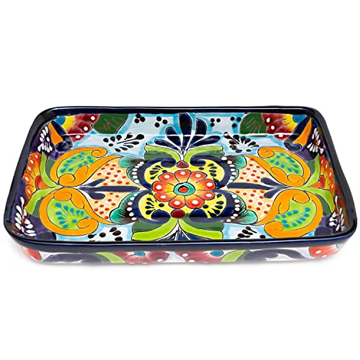 Enchanted Talavera Pottery Mexican Hand Painted Ceramic Rectangle Serving Platter Dish Appetizer Plate Tray Food Mexican Floral Pattern Thanksgiving Holiday Party Fiesta (Large 13.2 x 9 x 2, Multi)