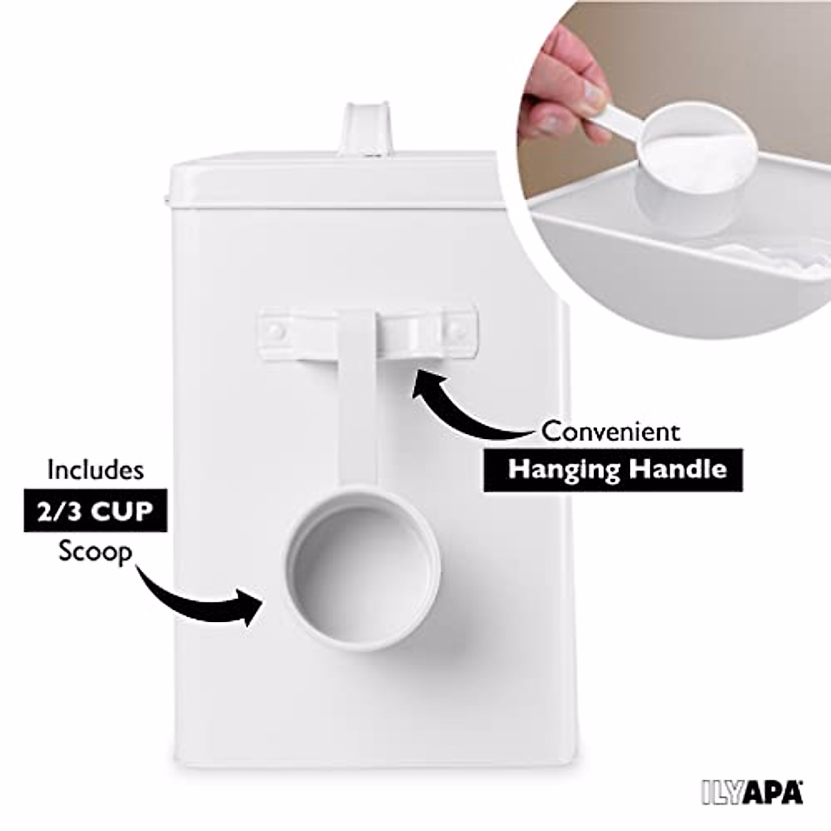 Ilyapa Laundry Powder Container with 2/3 Cup Soap Scoop, White Galvanized Powder Laundry Detergent Container, Scent Booster Container, Storage Bin for Laundry Room