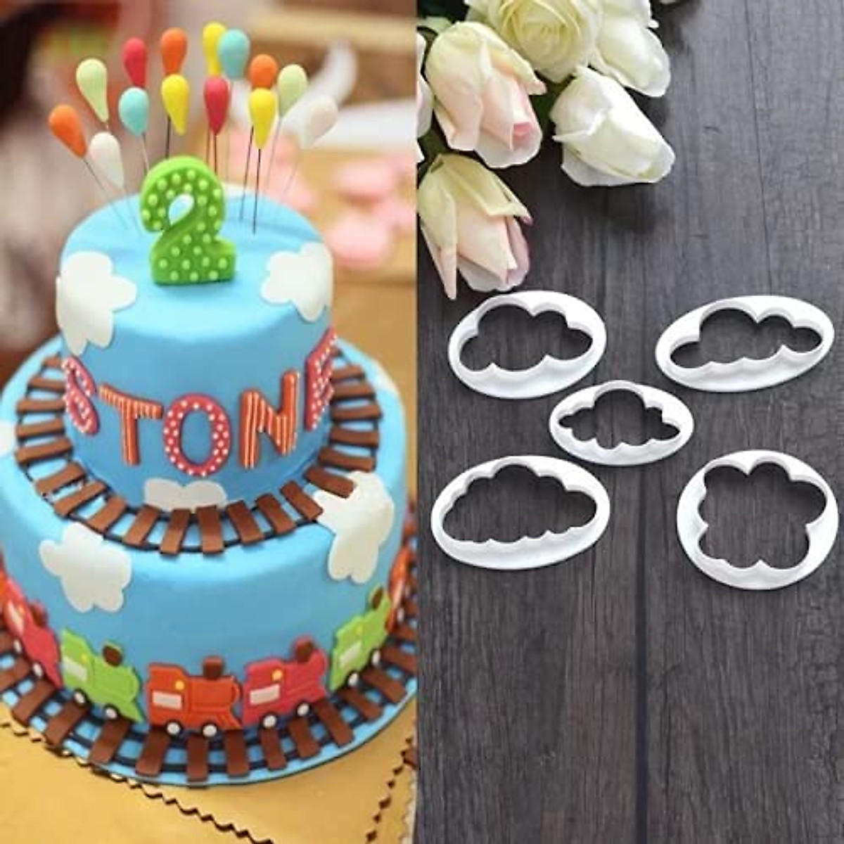 KDDOM 5 PCS Plastic Fluffy Fondant Cloud Cutters, 3D Cloud Embossing Molds for Sugarcraft Cake Decorating, Cupcake Topper