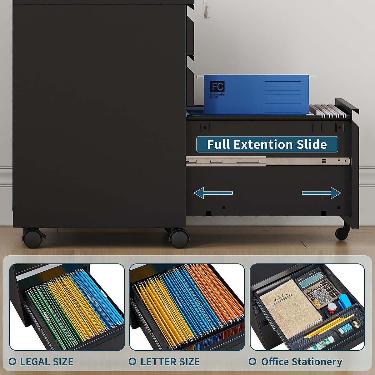 MIIIKO 3 Drawer File Cabinet, Metal Filing Cabinet with Lock Rolling Wheels, Office Storage Under Desk,Deep Drawers for Hanging Legal Letter Fill, Full Assembled Except Casters