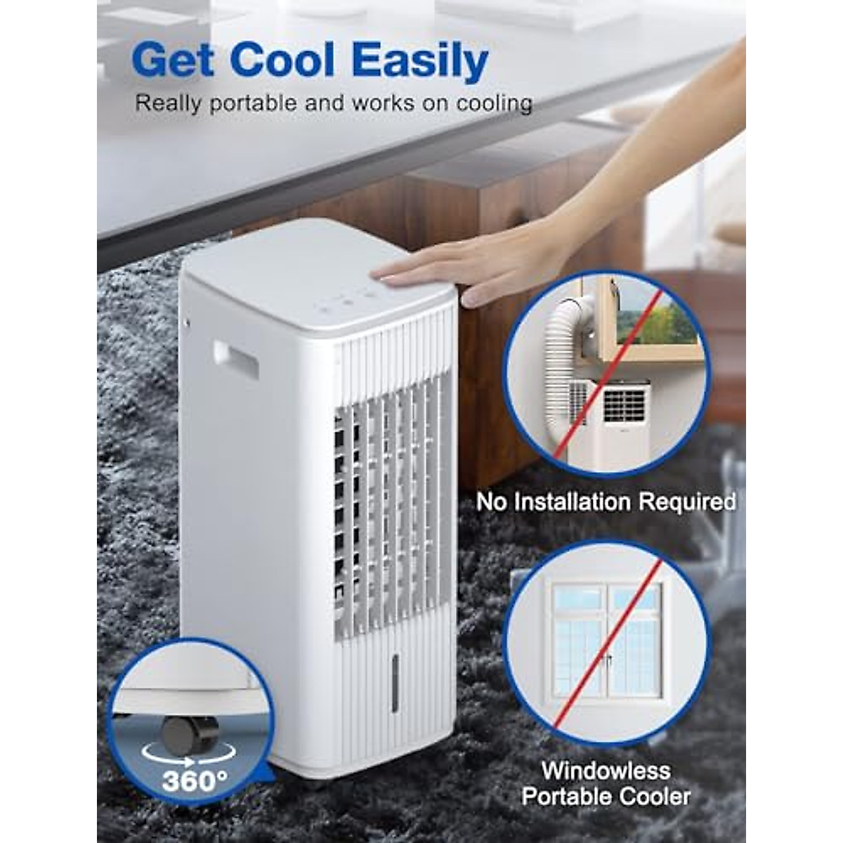 Evaporative Air Cooler, 3-IN-1 Windowless Portable Air Conditioner with Natural/Cooling/Humidifier & 3-Speed, 70° Oscillation & 7 Timer Remote Control, Swamp Cooler w/4 Ice Packs for Home & Kitchen