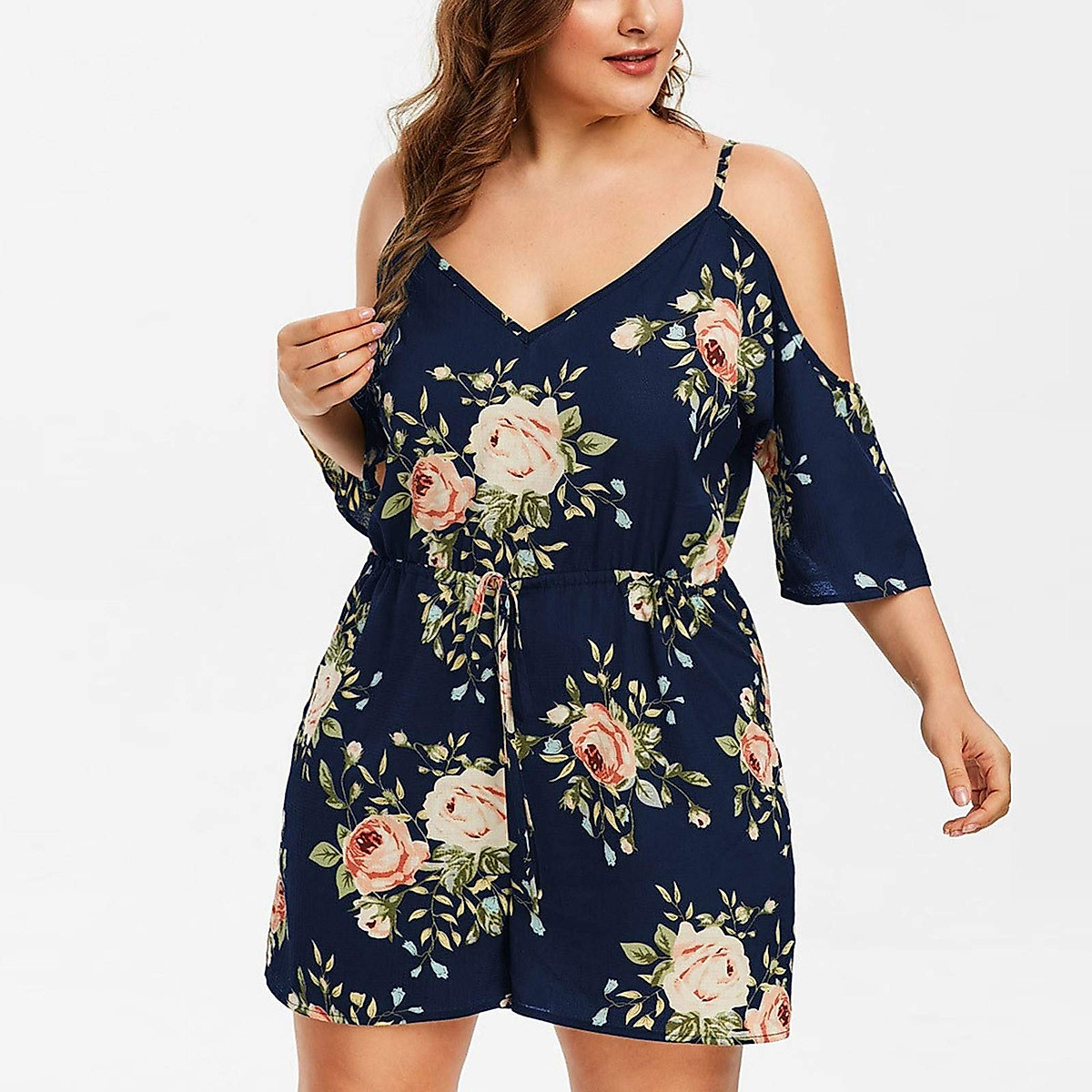 Padaleks Women Plus Size Floral Printed Jumpsuits Casual Short Sleeve Cold Shoulder Shorts Rompers Wide Leg Pants